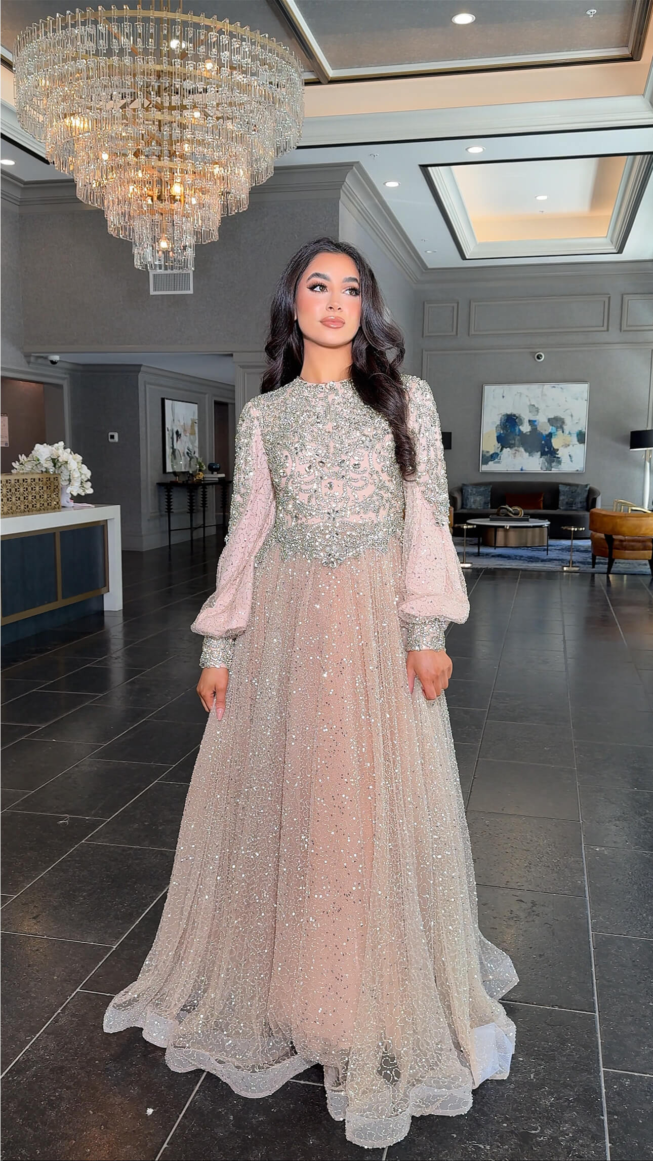 Bashira Long Sleeve Embellished Sequin Modest Ball Gown – B Chic Fashions